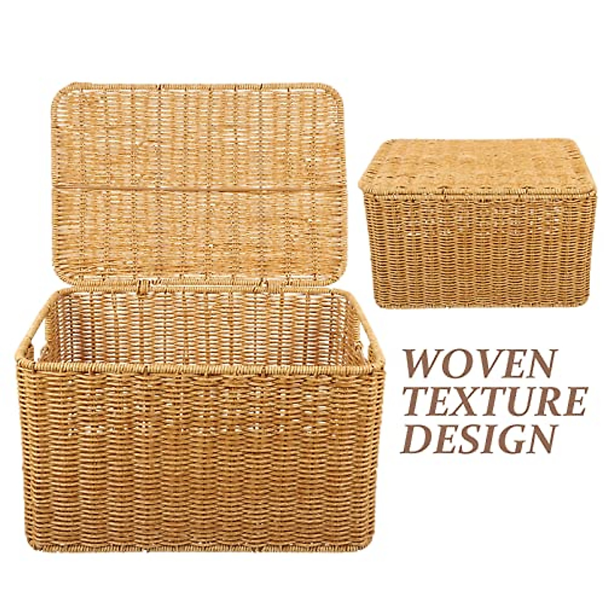 Happyyami Woven Storage Bin with Lid Poly-wicker Storage Basket Rectangular Household Basket Box Organizer for Shelf Wardrobe Home Organizing