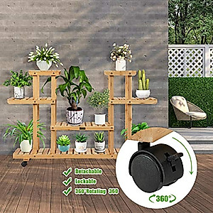 Happygrill Plant Stand Flower Display Rack Wooden Plant Shelves Bonsai Display Shelf with Wheels