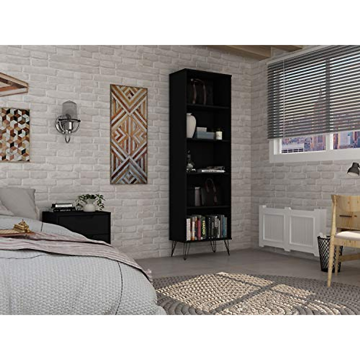 Manhattan Comfort Rockefeller Mid Century Modern 5 Shelves Home Office Bookcase with Metal Legs, 21.26", Black