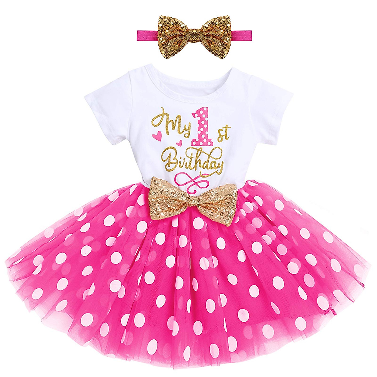My 1st Birthday Outfit Wild One Baby Girl Dress Skirt Headband Polka Dot Party Princess Fancy Dress Up Costume Going Home Outfits Cake Smash Photo Props First Halloween Clothes Hot Pink 1 Year Photo