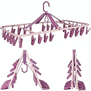Foldable Clip Hangers with 32 Clothespin Drying Clips Underwear Hanger with Clips Plastic Laundry Clip Drip Drying Hanger for Socks Bras Lingerie Clothes Sturdy (Pink)