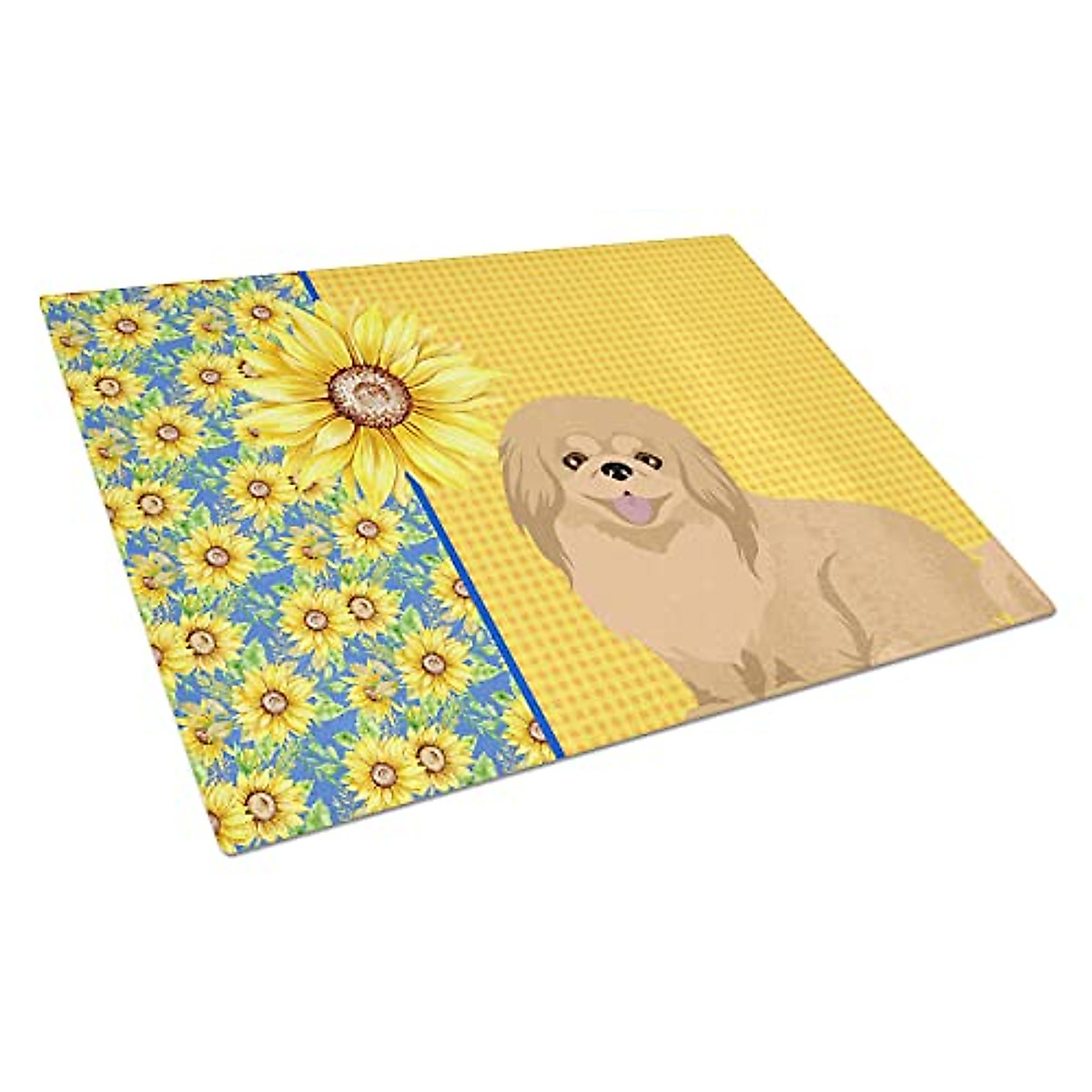 Caroline's Treasures WDK5454LCB Summer Sunflowers Gold Pekingese Glass Cutting Board Large Decorative Tempered Glass Kitchen Cutting and Serving Board Large Size Chopping Board