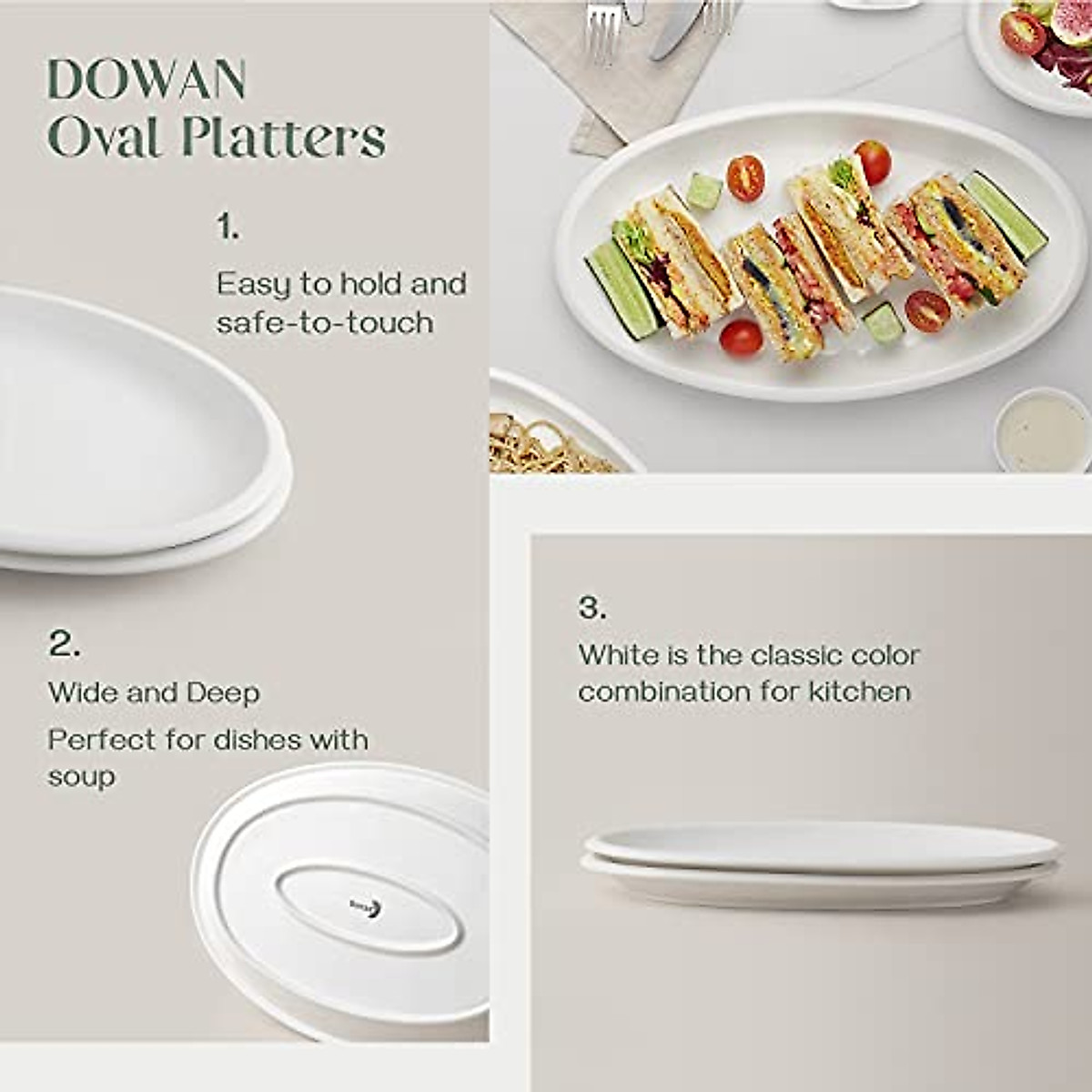 DOWAN 16" Serving Platters, White Serving Platters for Entertaining, Large Oval Porcelain Serving Tray Dinner Platters for Serving Food Appetizers Meat, Serving Dishes for Parties, Set of 2