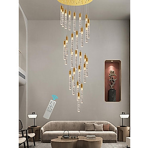 Flashing God Gold 28 Lights Large Foyer Chandeliers for High Ceilings 12 feet Long Spiral Stair Pendant Chandelier Crystal Ceiling Light Fixtures Dimmable 2700k-4500k-6000k