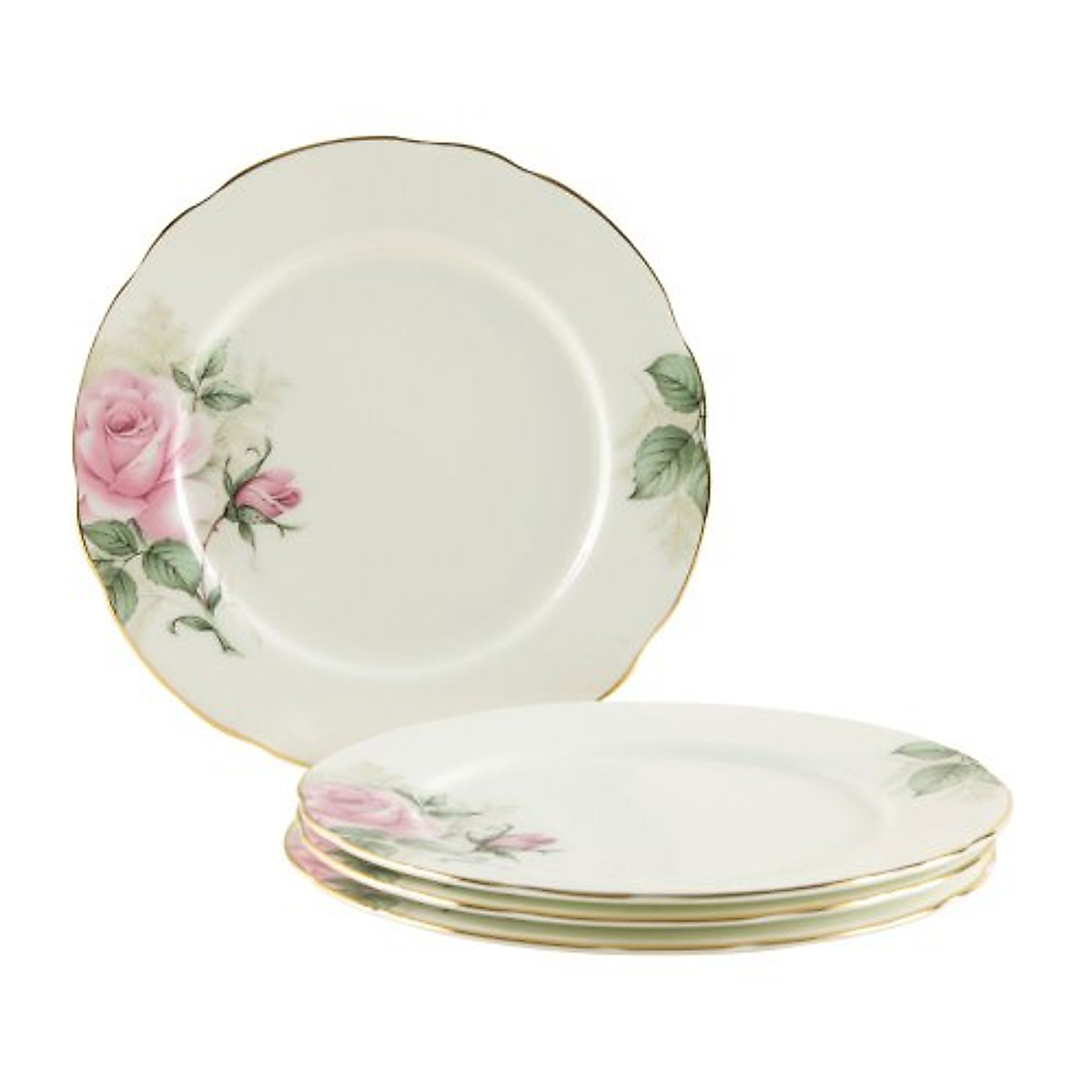 Gracie Bone China 7-1/2-Inch Dessert Plate, Pink Green Rose Bouquet, Set of 4, Gold Trimmed