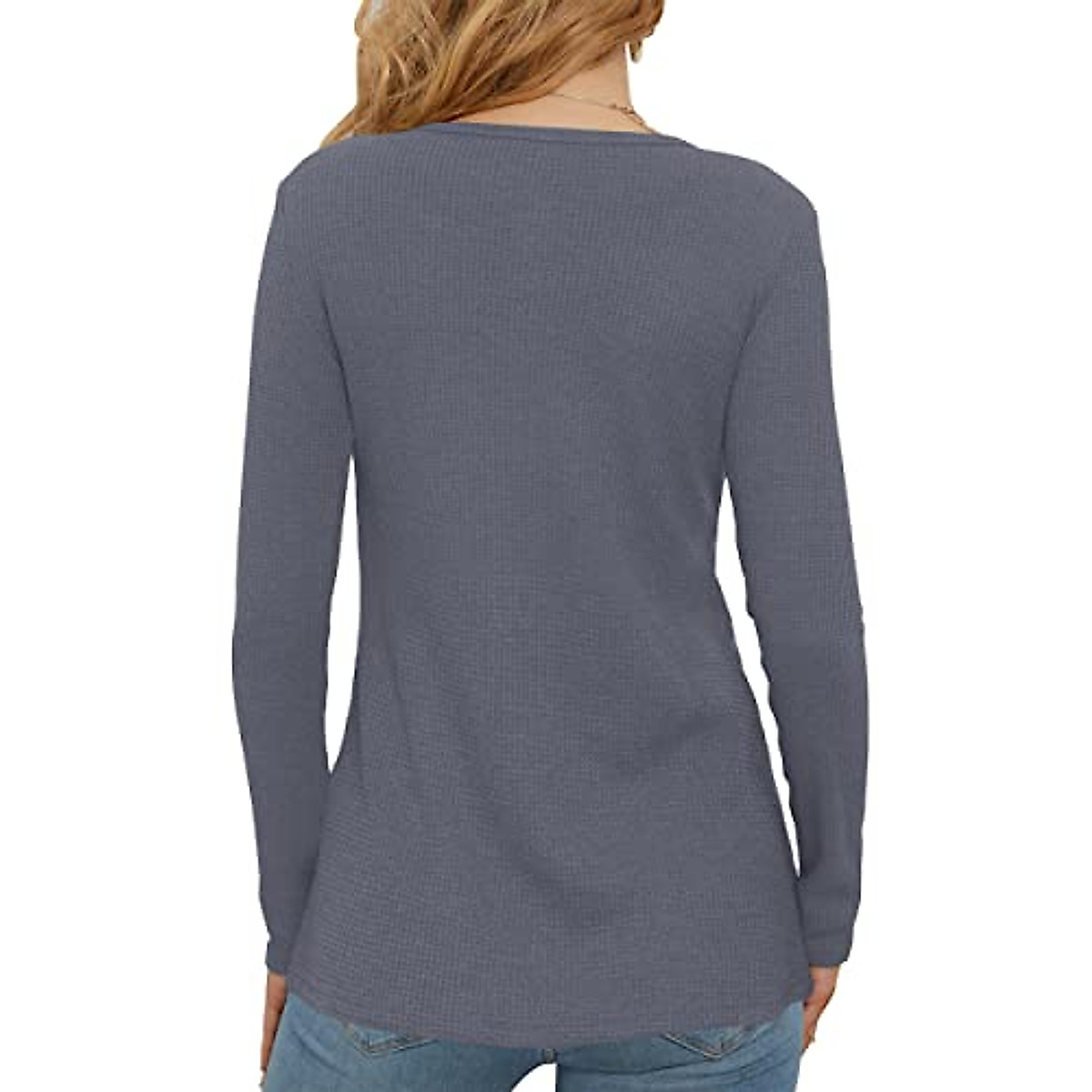 WNEEDU Women's Waffle Knit Tops Casual Long Sleeve Blouses Slim Fit Button Down V Neck Henley Shirt(Dark Gray,L)