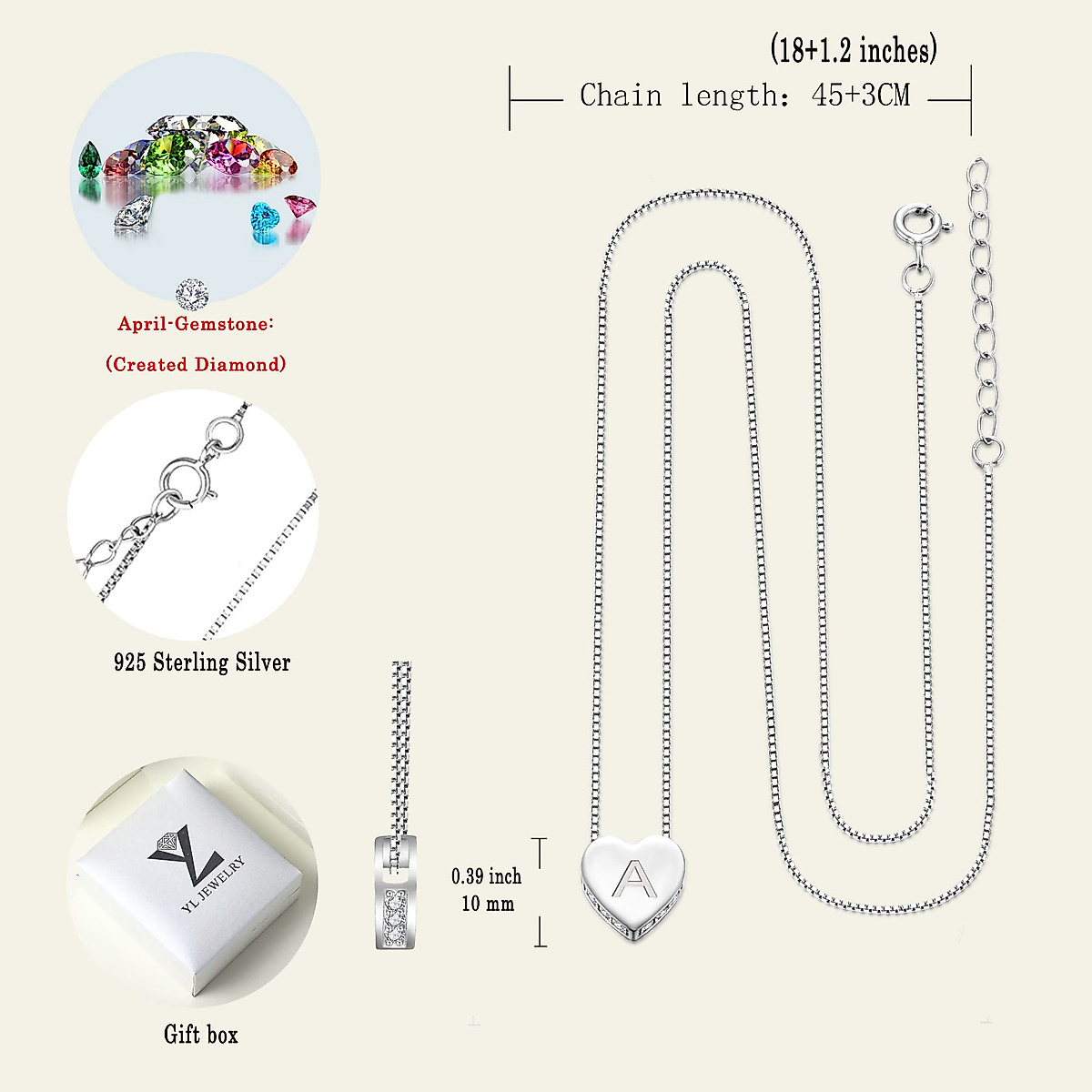 YL Initial Necklace 925 Sterling Silver Heart Letter Pendant A Alphabet Necklace for Women