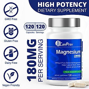 CanPrev Magnesium Malate, 120 Veg Caps, 120-Day Supply, 180mg Elemental Magnesium & 540mg Malic Acid, Vegan & Non-GMO, Supports Relaxation, Energy, Muscle Function, Bone Strength & Overall Well-Being