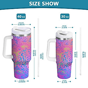 Bright Neon Leopard Tumbler with Handle and Straw Lid, Holographic Gradient 30 oz Insulated Coffee Cup Stainless Steel Water Bottle Travel Mug Cupholder Friendly,Gifts for Women Men