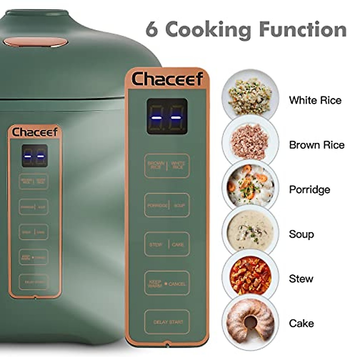 CHACEEF Mini Rice Cooker 2-Cups Uncooked, 1.2L Portable Non-Stick Small Travel Rice Cooker, Smart Control Multifunction Cooker with 24 Hours Timer Delay & Keep Warm Function, Food Steamer, Green