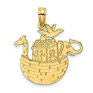Solid 14k Yellow Gold Engraved and Flat Noah's Ark Charm Pendant 22mm