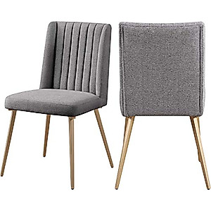 Meridian Furniture Eleanor Collection Modern | Contemporary Linen Upholstered Dining Chair with Channel Tufted Wing Back and Brushed Gold Legs, Set of 2, 20" W x 23.5" D x 35.5" H, Grey