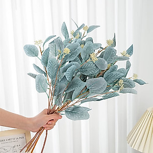 RUJIU 6 Pieces/lot Artificial Plants Fake Eucalyptus Leaves of Bouquet for Bride Home Table Garden Decoration (Light Blue)