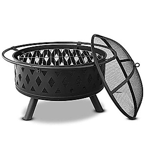 LEAYAN Garden Fire Pit Grill Bowl Grill Barbecue Rack Round Large Fire Pit with Protective Cover and Poker, Steel Outdoor Patio Heater, Garden and Charcoal Burner, Black,Outdoor Fire Pits