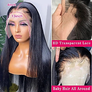 Lace Front Wigs Human Hair Straight 13x4 HD Lace Frontal Wigs Human Hair Pre Plucked with Baby Hair 180% Density Glueless Brazilian Virgin Human Hair Wigs for Black Women Natural Color (18Inch)
