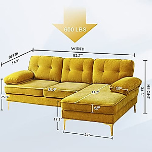 LANELIFE 79" W 3-Seat Sofa, L Shaped Sectional Sofa Bed,with Extra Wide Chaise Lounge and Gold Legs, Chenille Couch for Living Room, Apartment and Small Space (Golden)