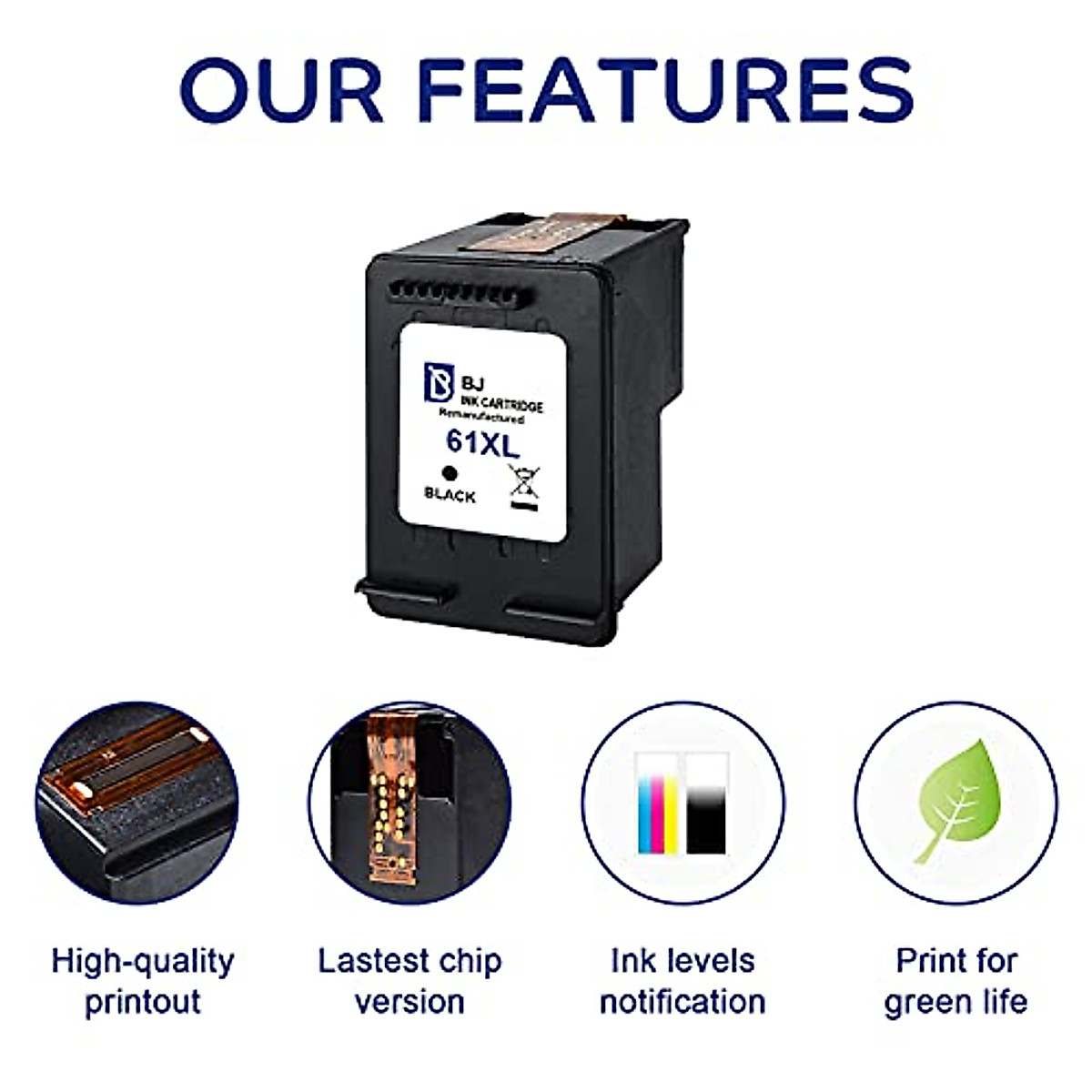 BJ Remanufactured Ink Cartridge Replacement for HP 61XL 61 XL CH563WN (1 Black) for HP Envy 4500 5535 Deskjet 1000 1010 1055 1512 Printer