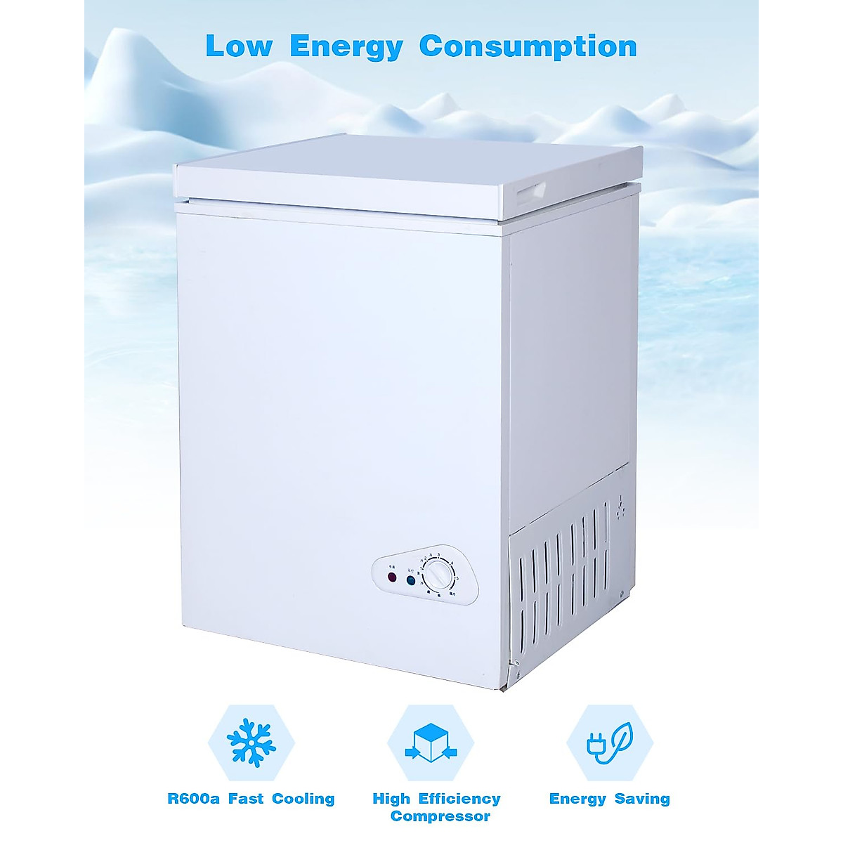 Kazigak Compact Chest Freezer, 3.5 Cu.Ft. Deep Freezer with Basket, 6 Level Adjustable Temperature, Top Door Mini Freezer White