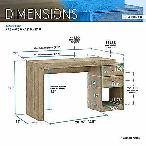 Techni Mobili Expandable Desk with Storage Drawers & Open Shelf - Expands from 47 Inch to 57 Inch - Pine Computer Desk with Printer Space - Modern Home Office Table with Drawers Blanco Collection