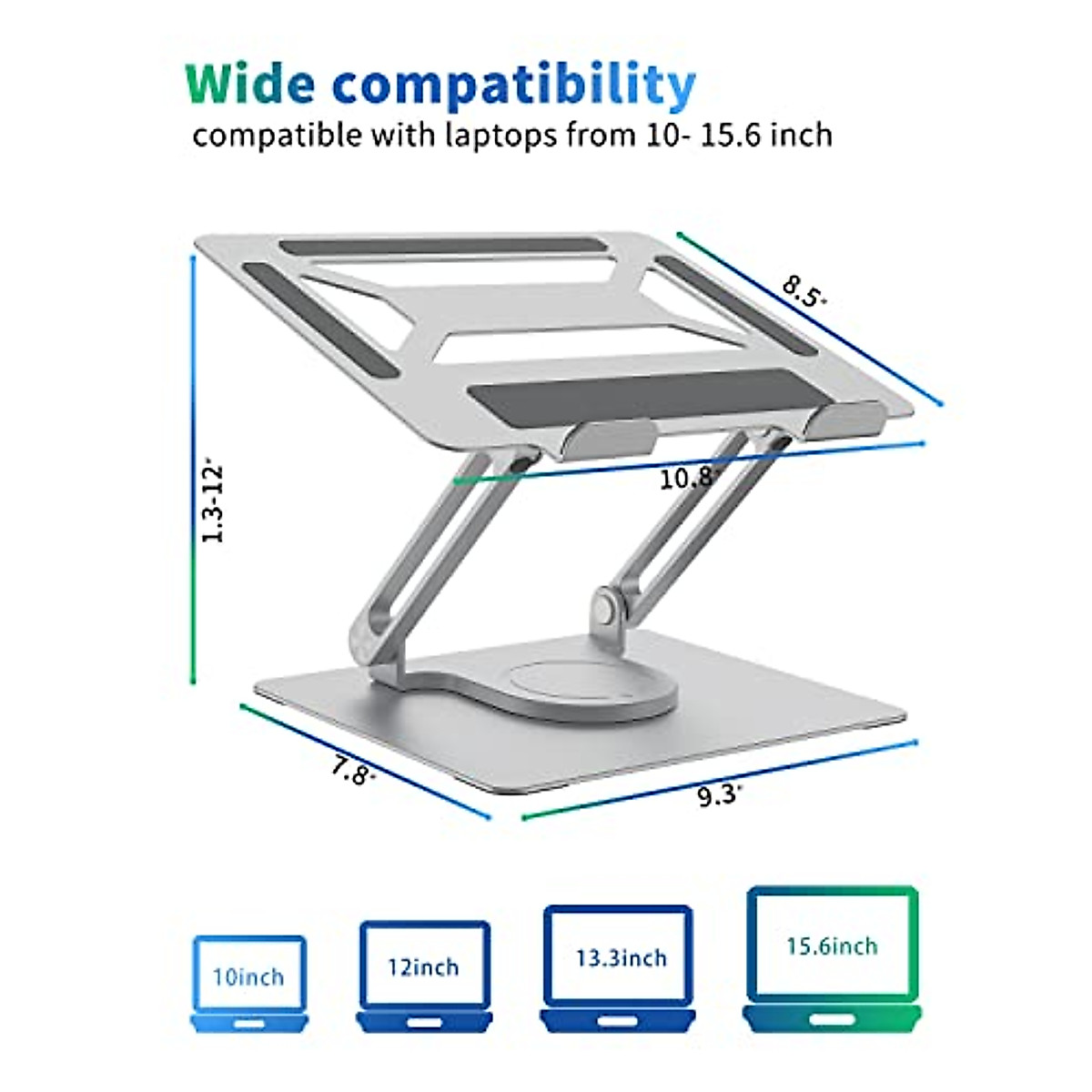 SOUNDANCE Adjustable Laptop Stand with 360° Rotating Heavy Base, Ergonomic Laptop Riser for Desk, Stable Laptop Holder for Collaborative Working, Suit for 10-15.6" PC Computer, Dual Shaft, Silver
