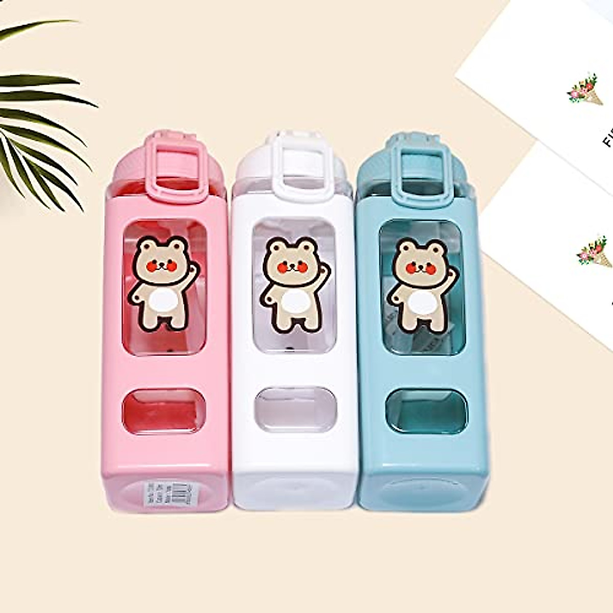 PEXIZUAN Kawaii Bear Water Bottle With Straw Sport Plastic Portable Square Drinking Bottle For Girl Cute Juice Tea Water Cups 700ml(Pink,700ml)