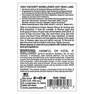 STAR BRITE High Viscosity Lower Unit Gear Lube 80W90 - Anti-Wear, Rust & Corrosion Inhibitors, Ideal for Outboard Motors & Stern Drives - 32 OZ (027032)