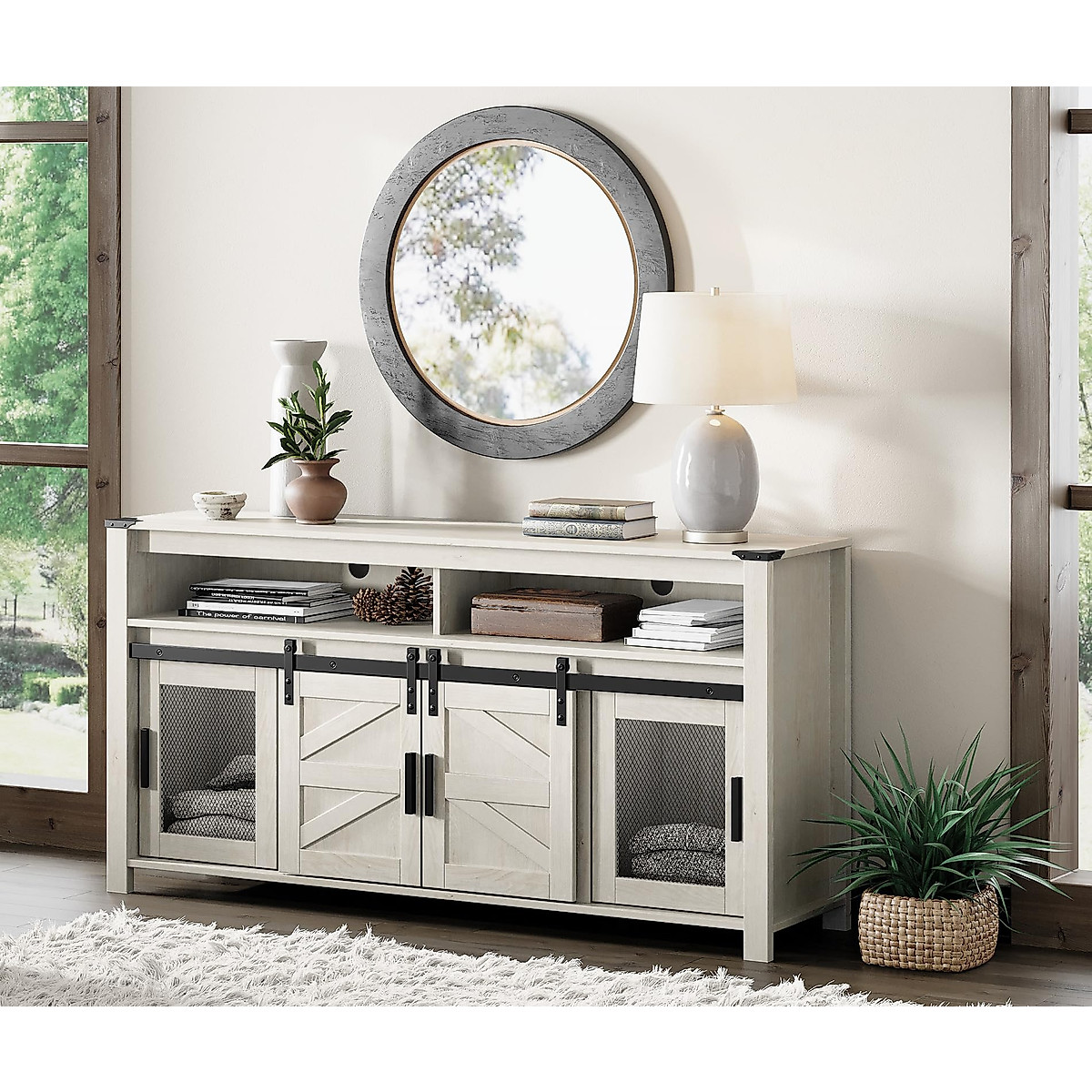 WAMPAT Farmhouse TV Stand for 65 Inch TV, Antique White Wood Entertainment Center with Sliding Barn Doors and Mesh Doors, Tall Media Console with Open Storage Space for Living Room, 59x15.4x31