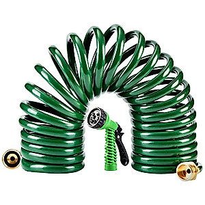 Yereen Coil Garden Hose 50FT, EVA Recoil Garden Hose, Heavy Duty Curly Coiled Water Hose, Retractable Garden Hose with 7 Function Spray Nozzle Gun