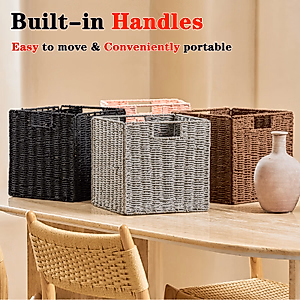 Vagusicc Wicker Basket, Set of 2 Hand-Woven Wicker Storage Basket, Foldable 11 inch Cube Storage Bins, Storage Baskets for Organizing Shelves, Closet Organizers and Storage Bins, Gray (11″×11″×11″)