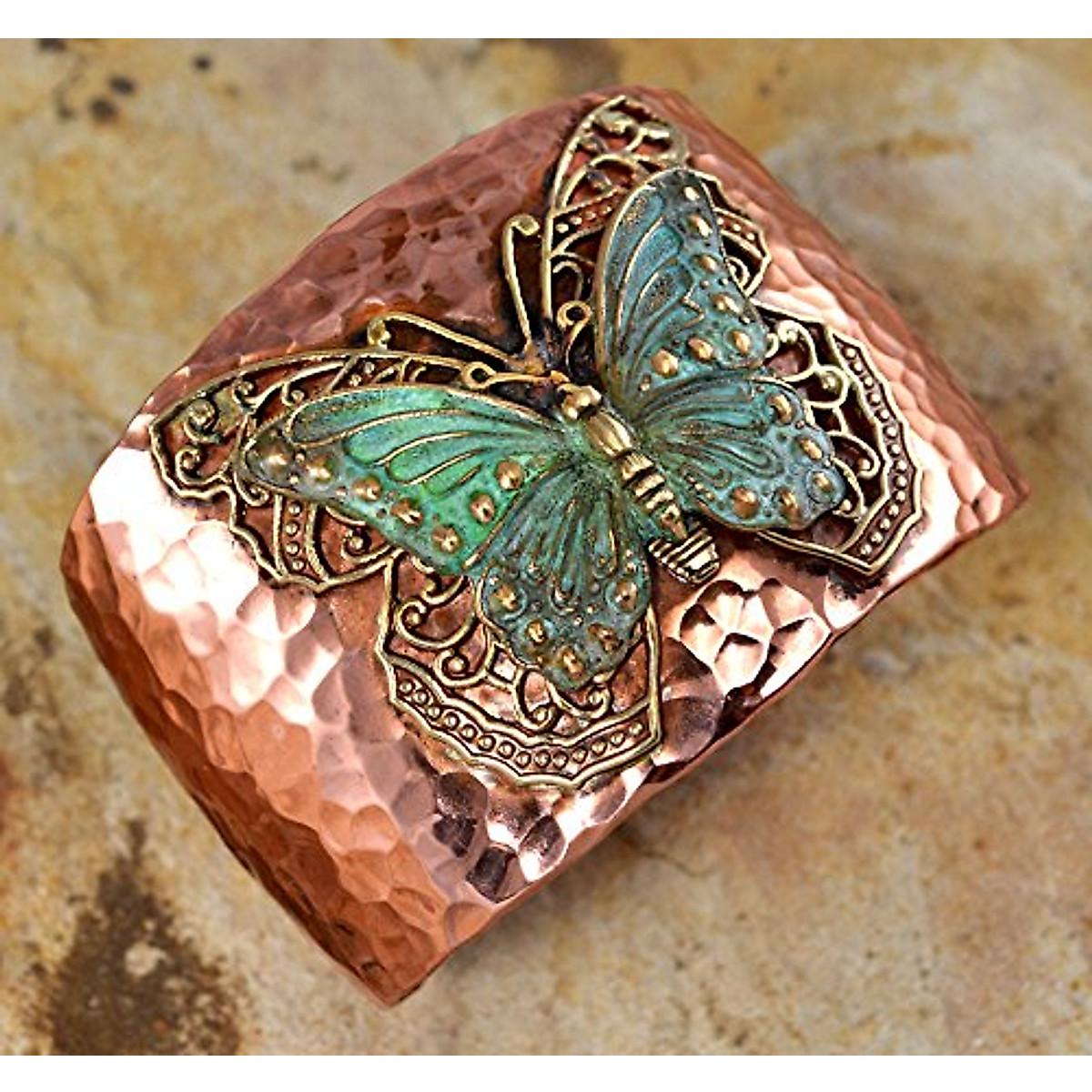 Elaine Coyne Collectible Artwear Forged Copper and Patina Brass Neo-Victorian Butterfly with Filigree Cuff Bracelet