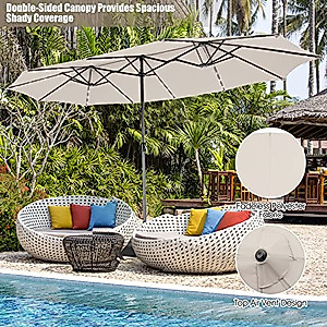 Giantex 15ft Large Outdoor Umbrella Double-Sided, 48 Solar Lights, Auto-Charging Solar Panel, Extra Large Patio Umbrella with Base and Crank, Outdoor Market Umbrellas for Poolside Garden (Beige)