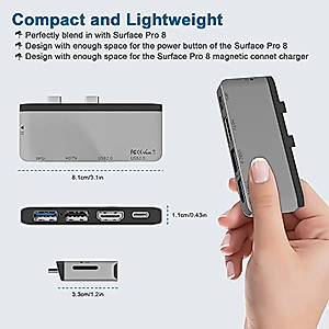 Microsoft Surface Pro 8 USB C Hub Adapter with 4K HDMI, USB-C Thunderbolt 4 (Display+PD Charging+Data), USB 3.0, USB 2.0, TF Card Slot, Docking Station Dual Monitor(HDMI+USB C) for Surface Pro 8