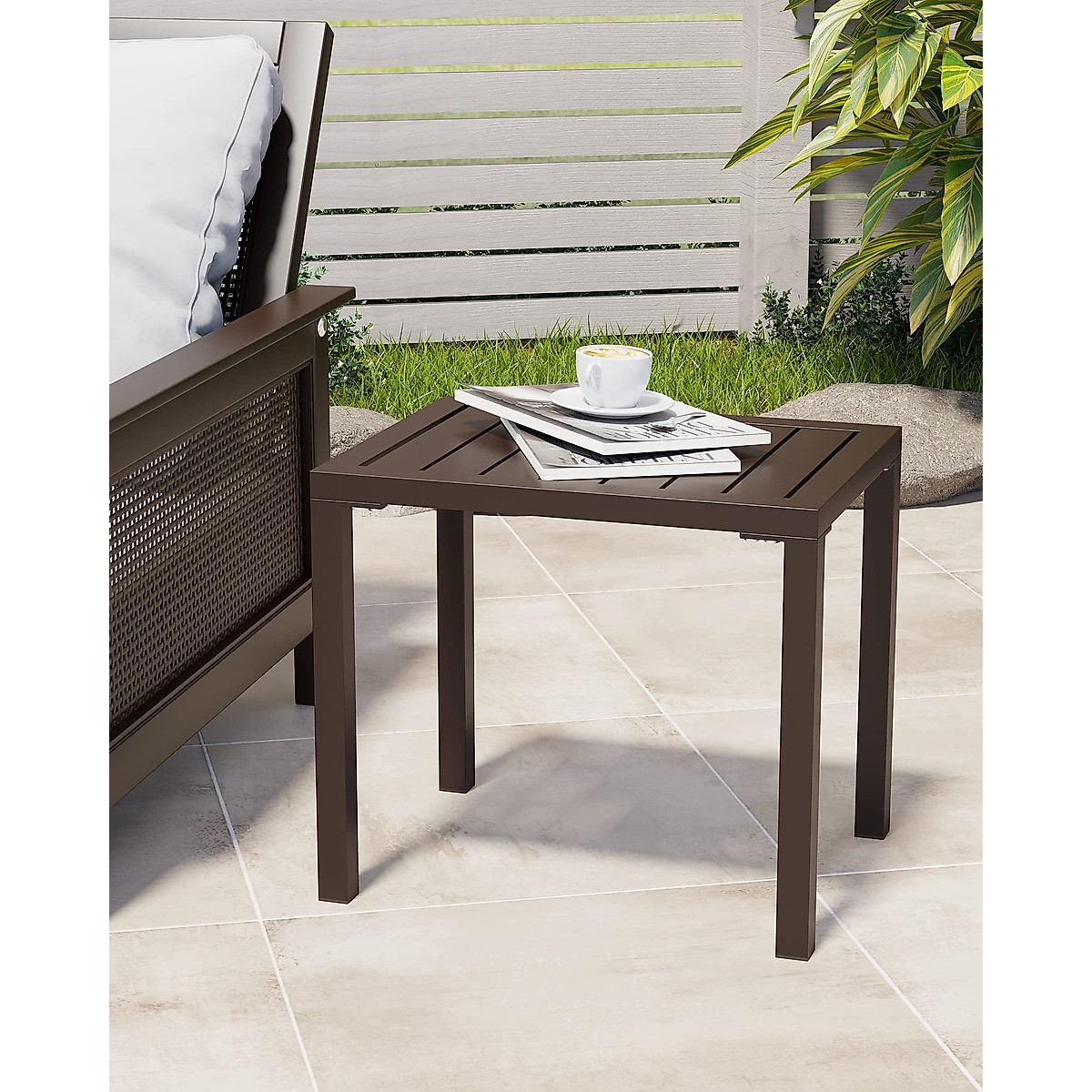 Crestlive Products Outdoor Side Table,Aluminum Rectangular Side/End Table, Small Patio Coffee Bistro Table for Outdoor Indoor (Brown)