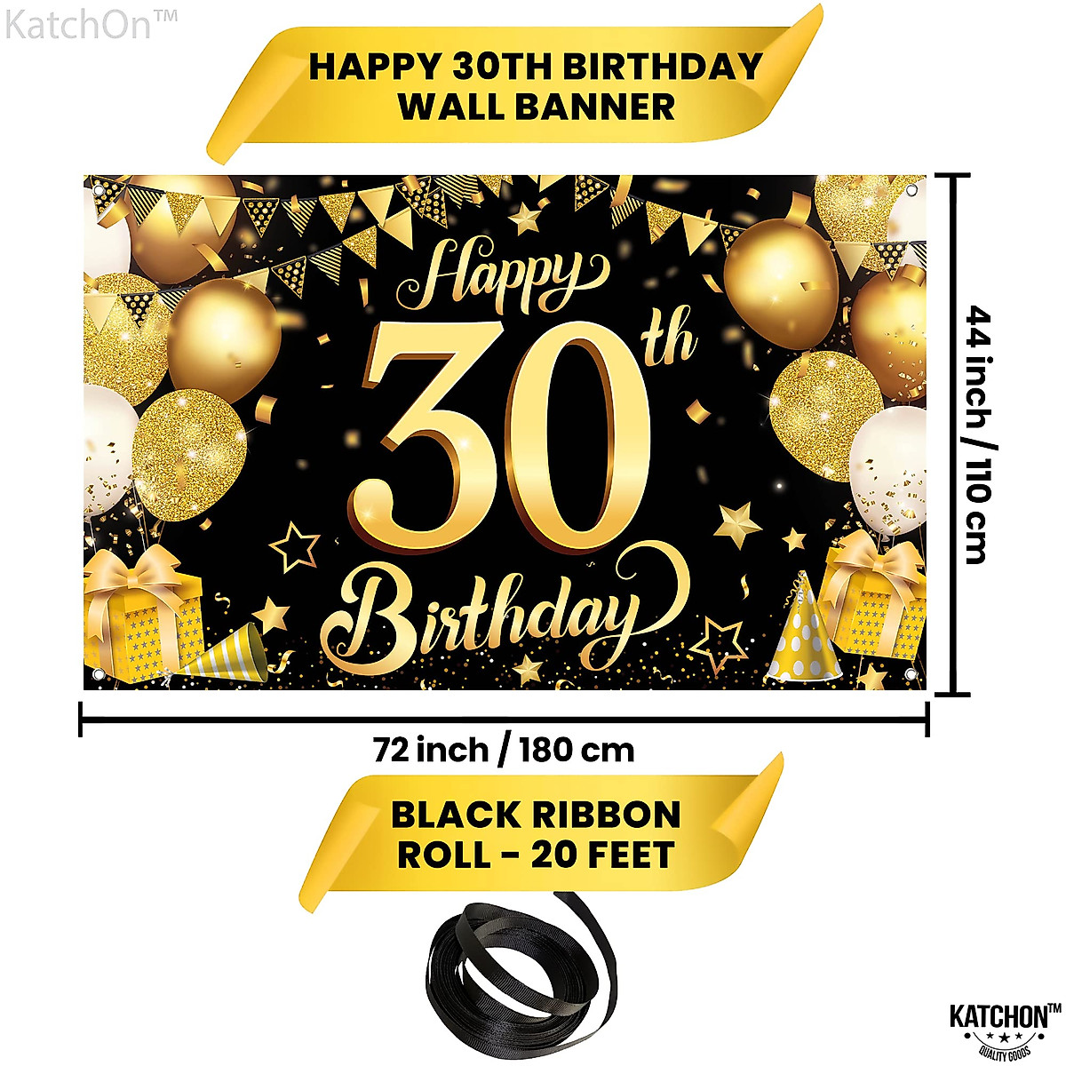 KatchOn, Happy 30th Birthday Backdrop - Large, 72x44 Inch | Black and Gold 30th Birthday Decorations | Happy 30th Birthday Banner for 30th Birthday Party Men, Women