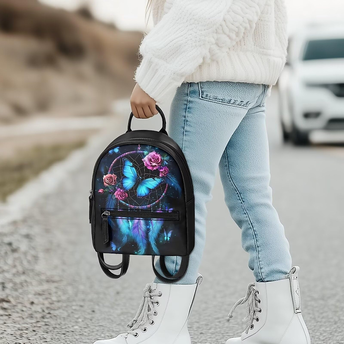 HUGS IDEA Sunshine Sunflower Skull Print Mini Leather Backpack Purse for Women Ladies with Shoulder Straps Casual Dailypacks
