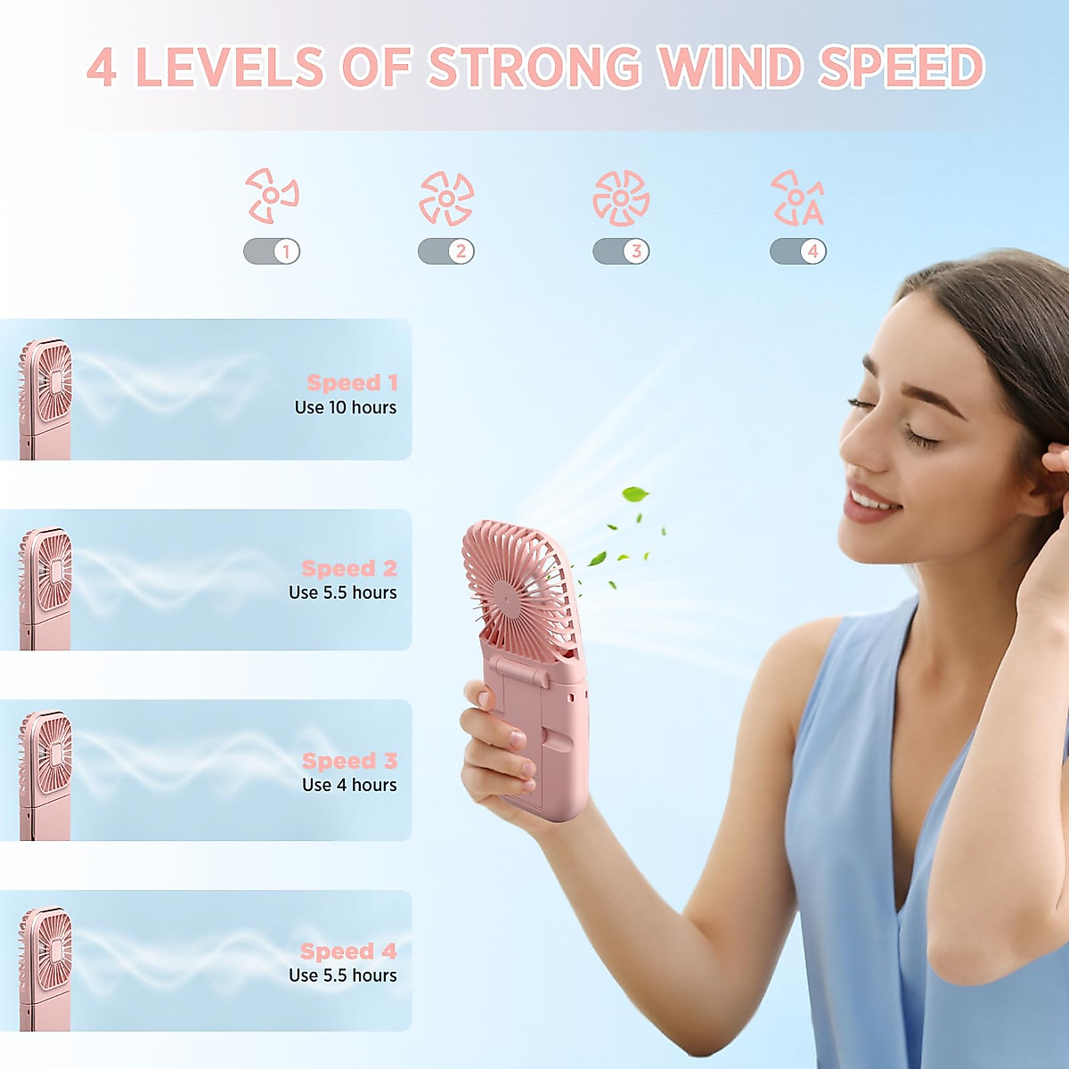 Tujoe 2 Pcs Portable Mini Fan Handheld Fan Rechargeable USB Foldable Necklace Fan 4 Speeds Adjustment 3000 Mah Power Bank Necklace Fans for Office Travel Outdoor Camping(White, Pink)