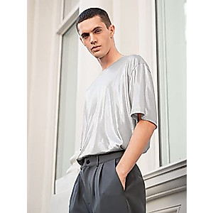 WDIRARA Men's Metallic Crewneck Short Sleeve Party Club Oversized Tee Shirt Top Silver M