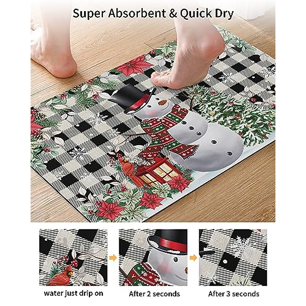 Christmas Snowman Bath Mat for Tub,Non Slip Bathroom Floor Runner Rug Quick Dry & Absorbent Diatomaceous Earth Shower Sink Washable Doormat,Black Grey Farmhouse Plaid Poinsettia Eucalyptus 16"x24"