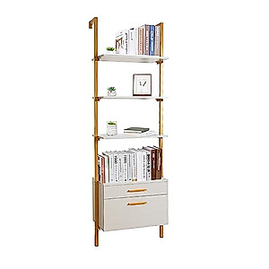 ELECWISH Ladder Shelf Wall Mounted Bookshelf with Drawers Bookcase 3 Tier Open Shelves, Open Storage Shelves Storage Rack with Metal Frame for Home, Living Room, Home Office (White)