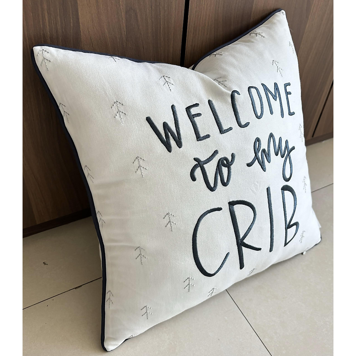VAGMINE Welcome to My Crib Quote Embroidered Decorative Square Accent Throw Pillowcase - Nursery Decor, Boys Room Decor - 18x18 Inches, Ivory