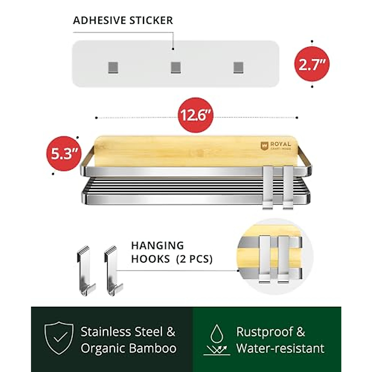 ROYAL CRAFT WOOD Bathroom Shower Caddy Organizer & Bath Product Holder for Wall - Self Adhesive Over The Toilet Storage Shower Shelves for Inside Shower - Shower Storage Suction Rack (2-Pack)