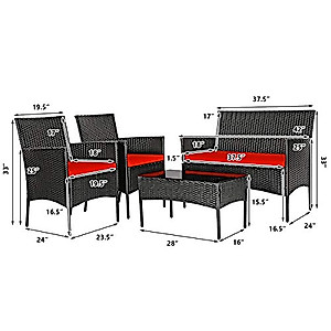 HAPPYGRILL 4pcs Patio Furniture Set Rattan Wicker Conversation Set with Tempered Glass Top Table, Outdoor Wicker Sofa Set with Removable Cushions for Poolside Garden Backyard