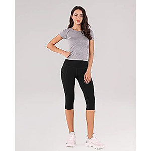 ODODOS Women's High Waisted Yoga Capris with Pockets,Tummy Control Non See Through Workout Sports Running Capri Leggings, Black,Medium