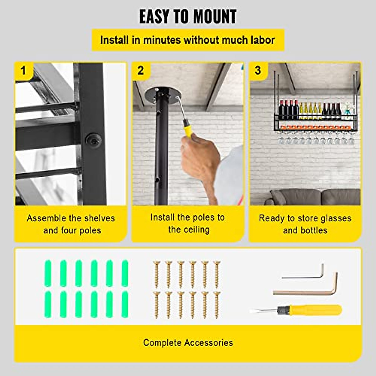 VEVOR Ceiling Wine Glass Rack, 46.9 x 11.8 inch Hanging Wine Glass Rack, 18.9-35.8 inch Height Adjustable Hanging Wine Rack Cabinet, Black Wall-Mounted Wine Glass Rack Perfect for Bar Cafe Kitchen