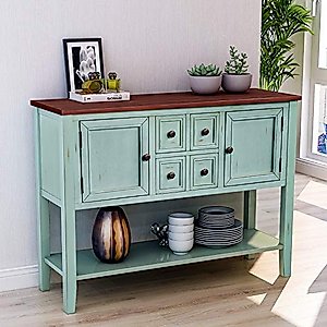 P PURLOVE Console Table Buffet Table with Storage Drawers Cabinets and Bottom Shelf (Antique Blue)