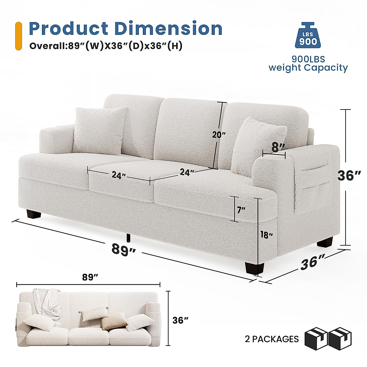 KKL Deep Seat Sofa 89 Inch with Throw Pillow, Modern Sofa, Couches for Living Room, Comfy Sofa, Sleeper Couch, Bouclé, Offwhite