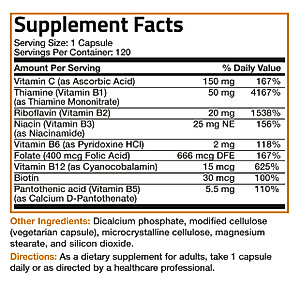 Bronson Vitamin B Complex with Vitamin C - Immune Health, Energy Support & Nervous System Support - Non-GMO, 120 Vegetarian Capsules