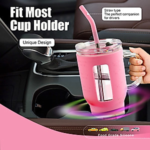 32 oz Glass Tumbler with Bamboo Mug 2 Straws & 2 Lids, Reusable Glass Water Bottles with Handle, Iced Coffee Cup with Silicone Sleeve, Boba and Drinking Straw Fits in Car Cup Holder BPA Free,Pink