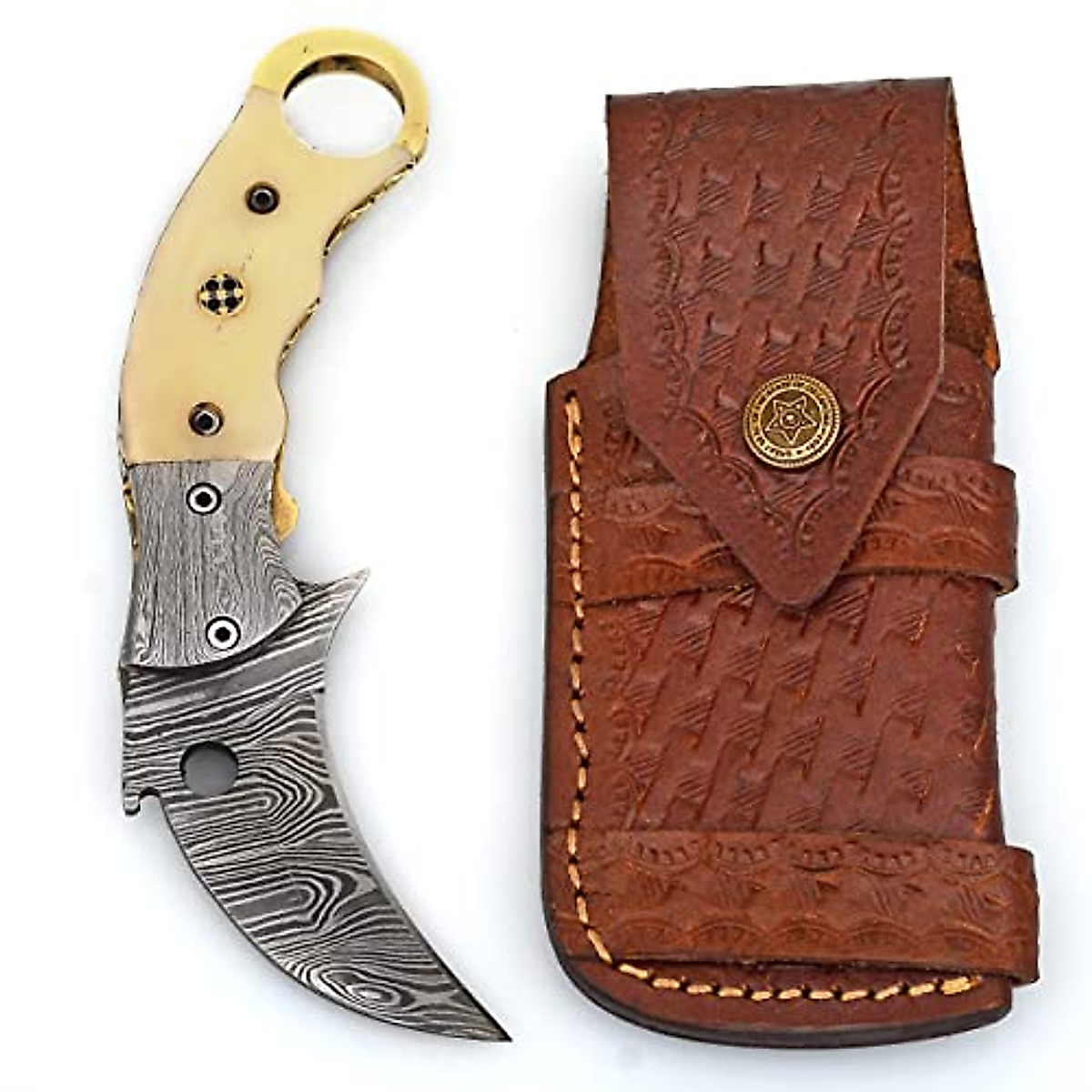 Custom Handmade Damascus Steel Karambit Folding Knife Pocket Knife Everyday Carrying Knife Camel Bone Handle with Leather Sheath