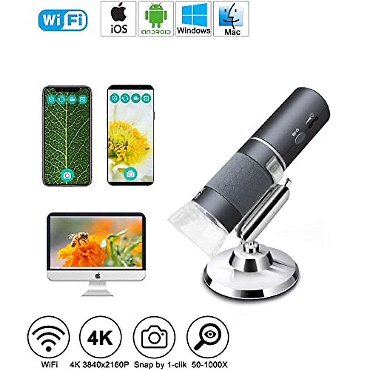 Jiusion WiFi USB Digital Handheld Microscope, 50 to 1000x Wireless Magnification Endoscope 8 LED Mini Camera with Metal Stand Compatible with iPhone iPad Mac Windows Android
